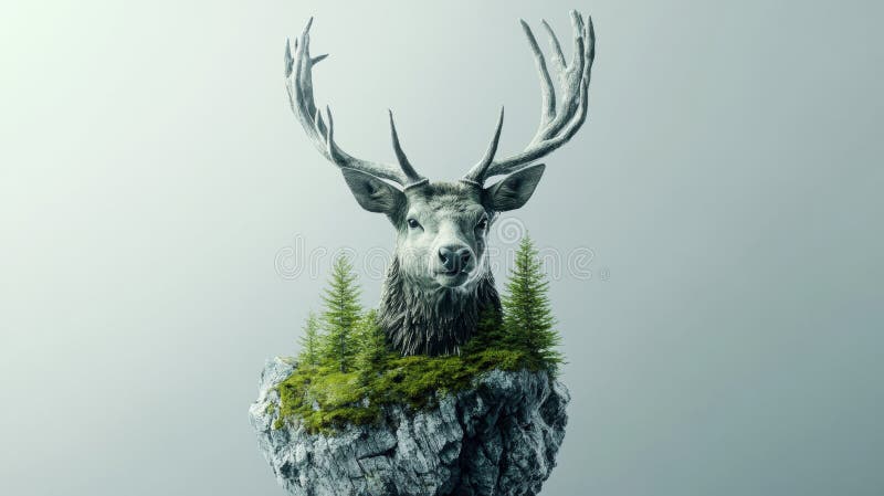 Creative Deer Head Crafted from Mountain Ridges and Pine Tree Textures ...