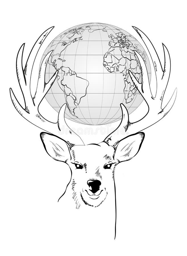 Deer Head, with Large Horns with the Globe of World Map Stock Vector ...