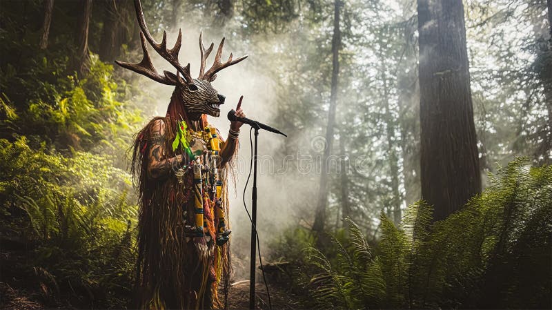 Deer Head Vocalist in the Forest, with Microphone in Nature. Generated ...