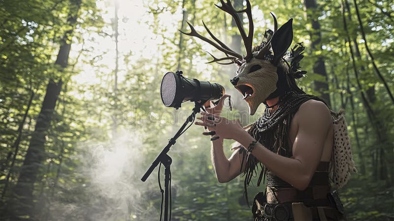 Deer Head Vocalist in the Forest, with Microphone in Nature. Generated ...