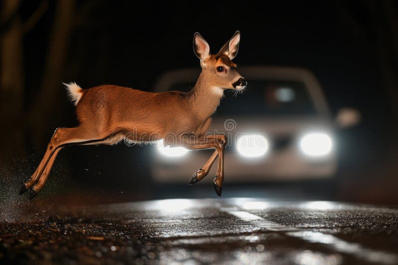 A Deer Jumping Across the Road in Front of an Oncoming Car at Night ...