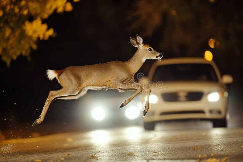 A Deer Jumping Across the Road in Front of an Oncoming Car at Night ...