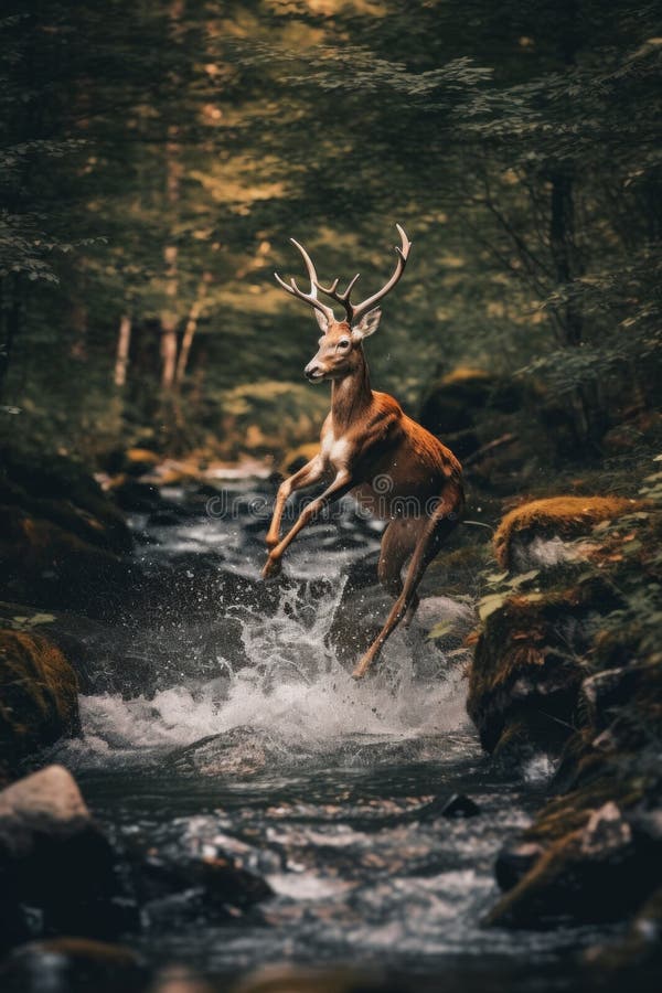 A Deer Jumping Over a Stream in the Woods. Generative AI Image. Stock ...