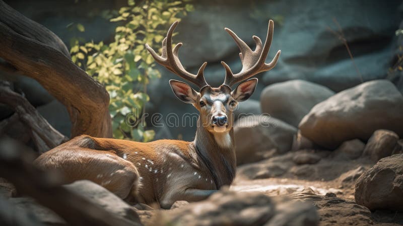 A Deer Laying Down in a Rocky Area Next To a Tree Stock Illustration ...