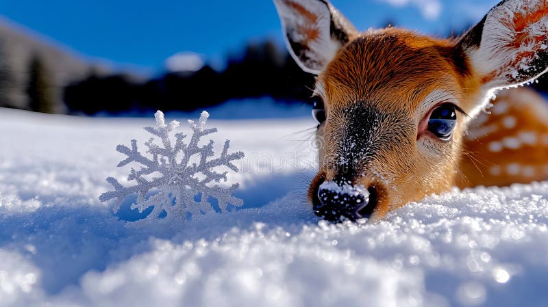 A Deer Laying in the Snow Next To a Snowflake Stock Photo - Image of ...
