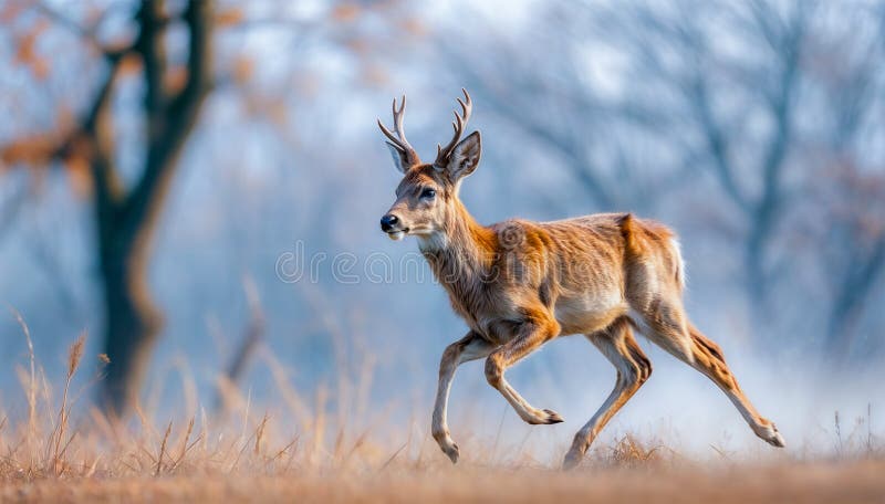 Deer Leaps through Snowy Field Showcasing Grace and Agility in Winter ...
