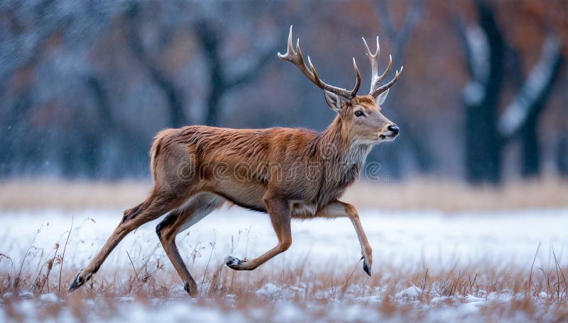 Deer Leaps through Snowy Field Showcasing Grace and Agility in Winter ...
