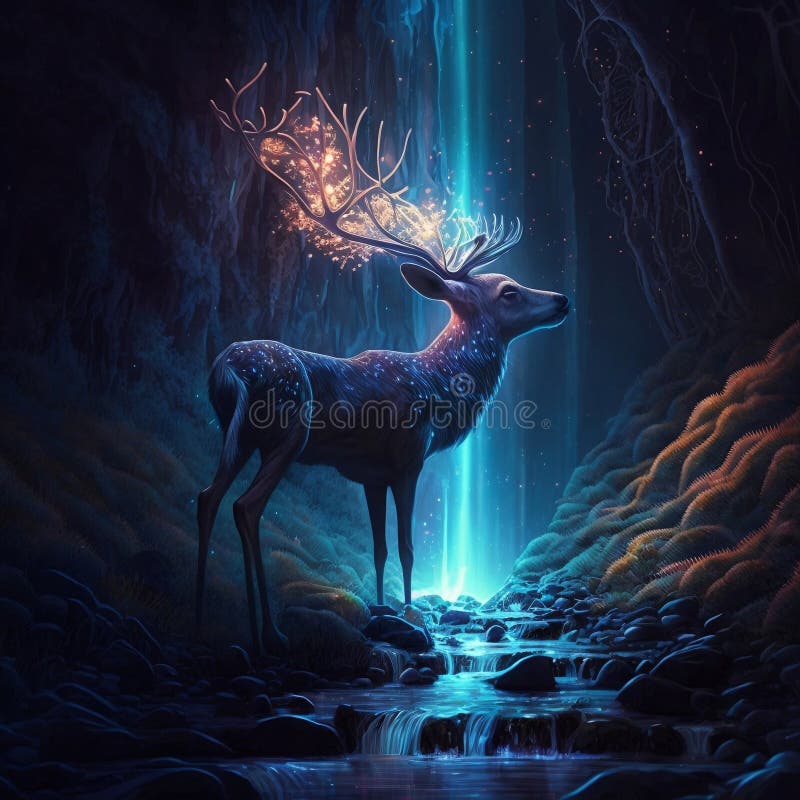 Deer with Long Luminous Antlers Stock Illustration - Illustration of ...