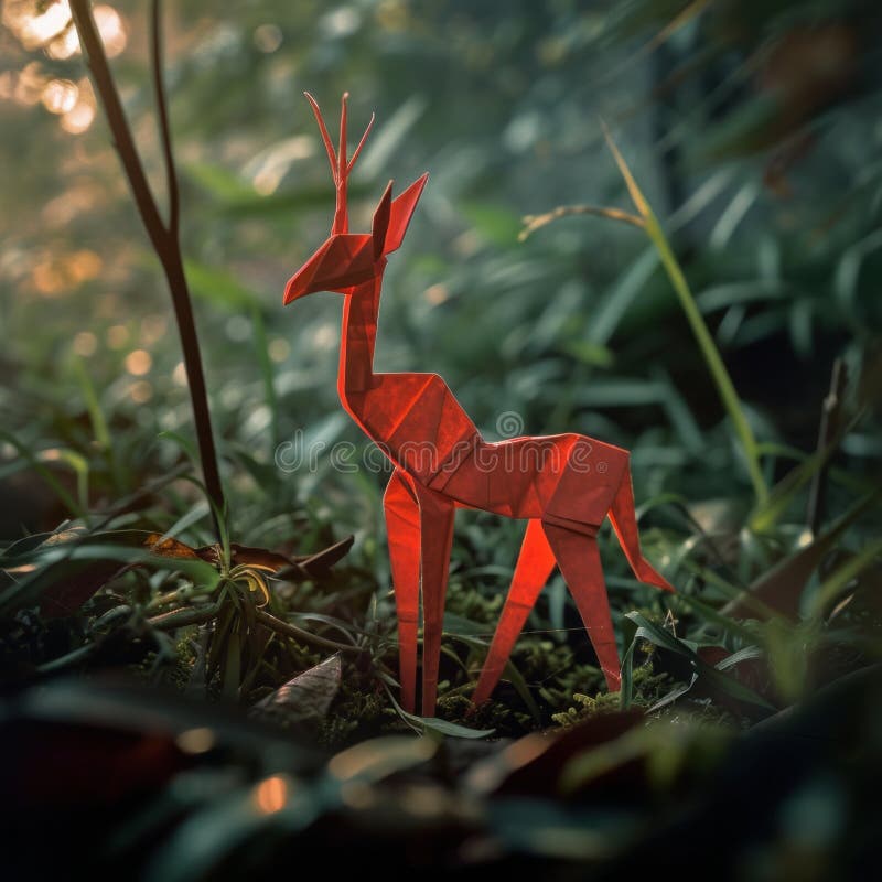 A Deer Made by Red Origami Paper on Grass Stock Illustration ...