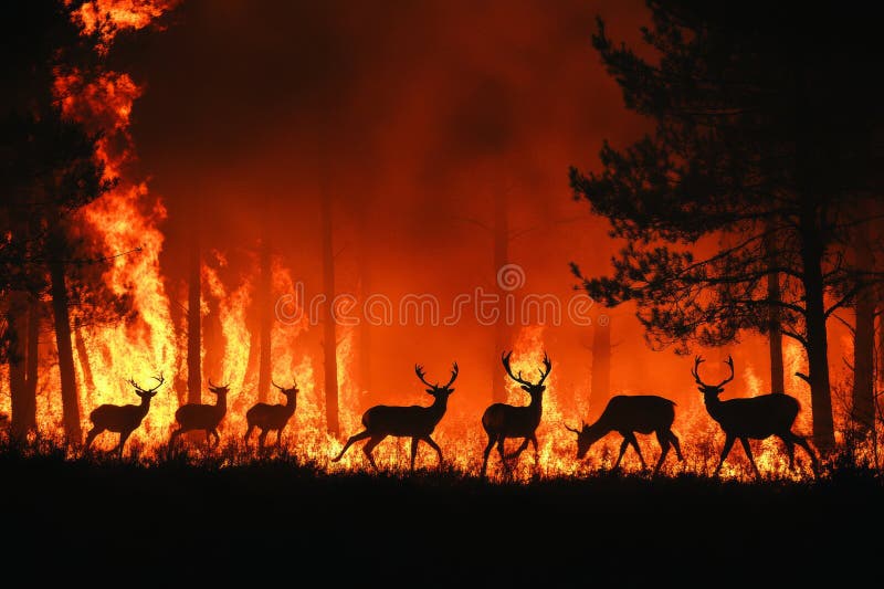 Deer Migration through Forest Fire Creating Dramatic Scene at Dusk ...