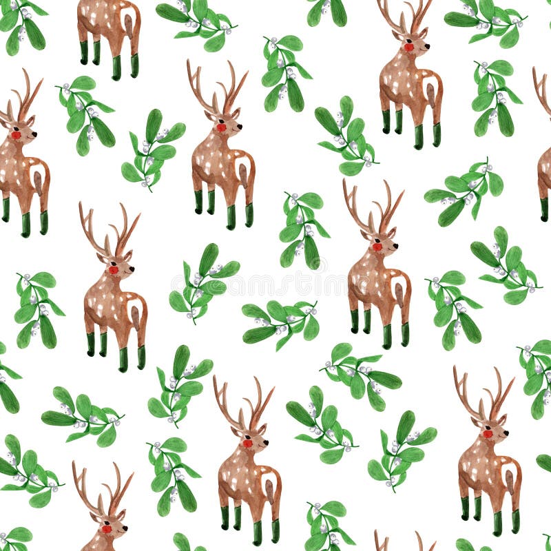 Deer, Mistletoe Watercolor Seamless Pattern Stock Illustration ...