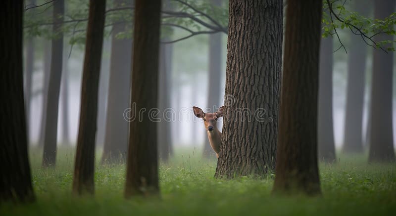 A Deer Peeking from Behind a Tree in the Forest Stock Illustration ...