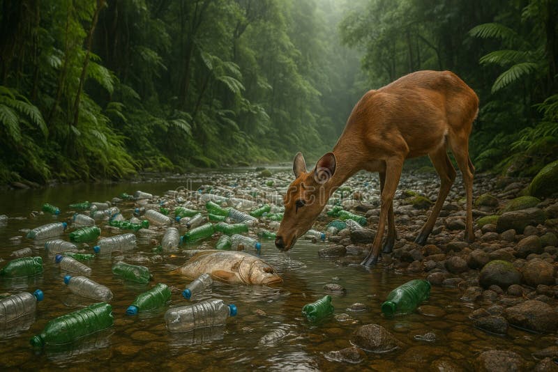 Deer at Polluted Jungle River – AI Symbolic Nature Scene Stock ...