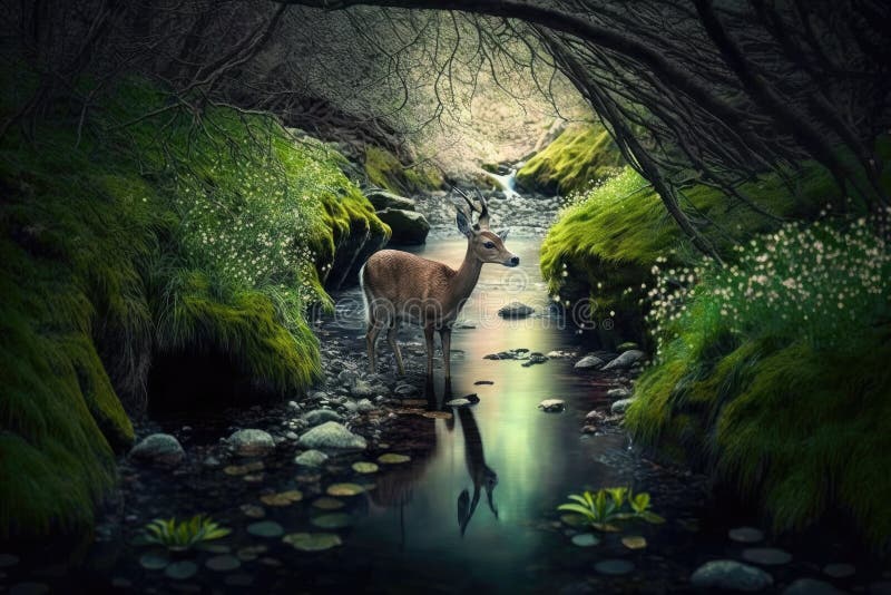 A Deer Quietly Drinking from a Stream, Surrounded by the Natural Beauty ...