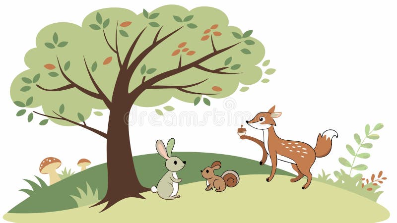 Deer, Rabbit, Squirrel Around Tree, Tranquil Forest Wildlife, Vector ...