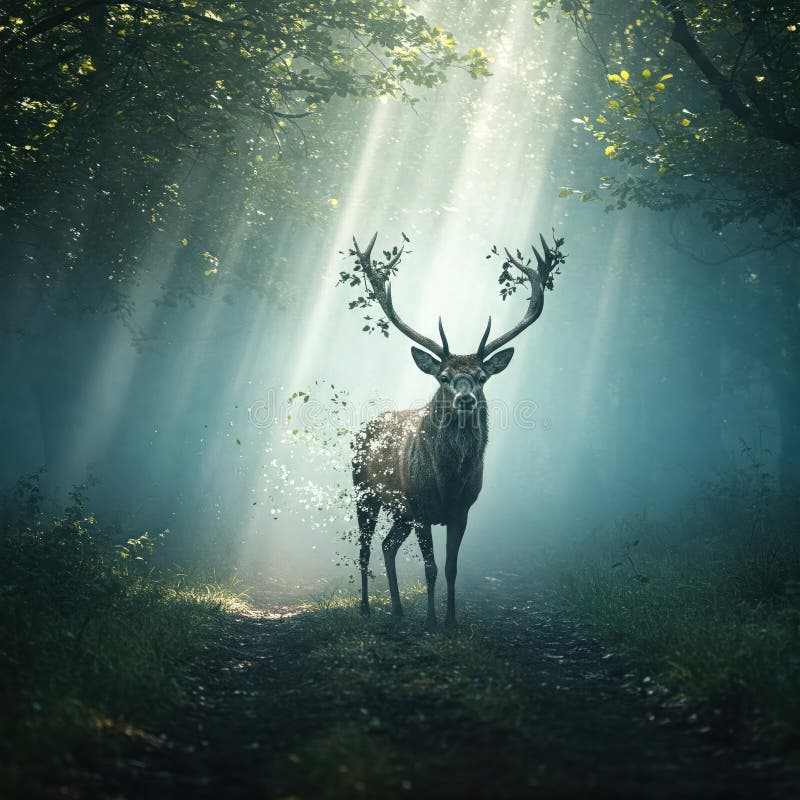 A Deer in the Rays of Light in the Middle of the Forest, Disappearing ...