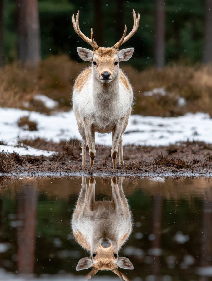 Deer Reflection in a Winter Pond Stock Illustration - Illustration of ...