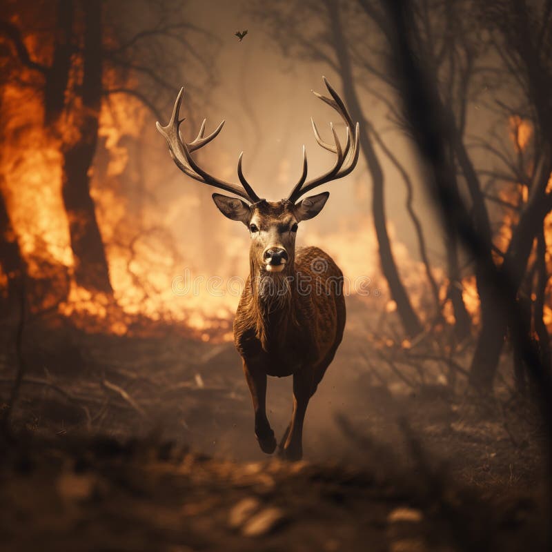 A Deer Running in Front of the Camera, in Front of Some Burning Woods ...