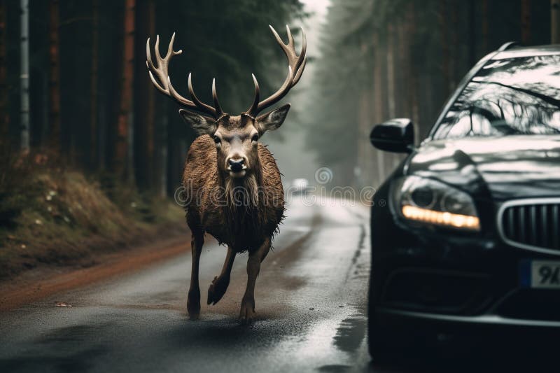 Deer Running in Front of Moving Car. Generative AI Stock Photo - Image ...