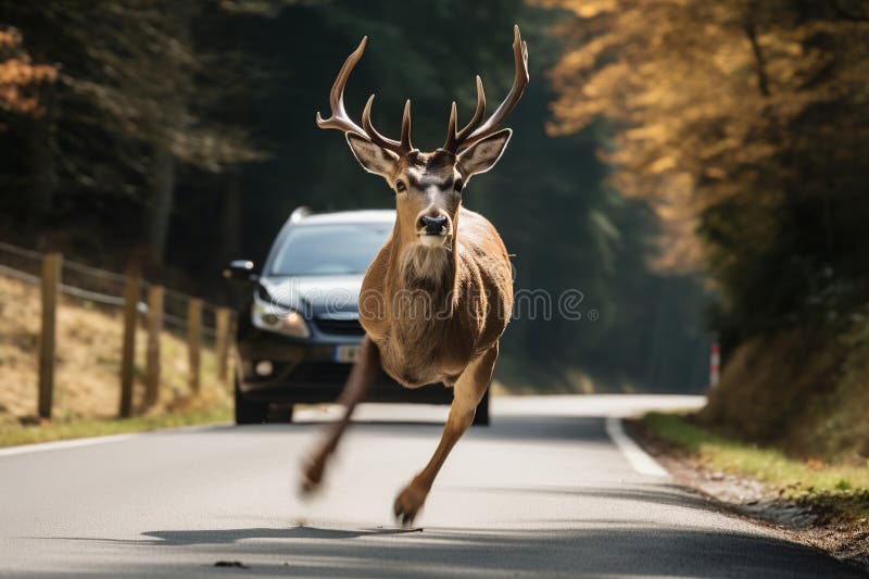 Deer Running in Front of Moving Car. Generative AI Stock Photo - Image ...
