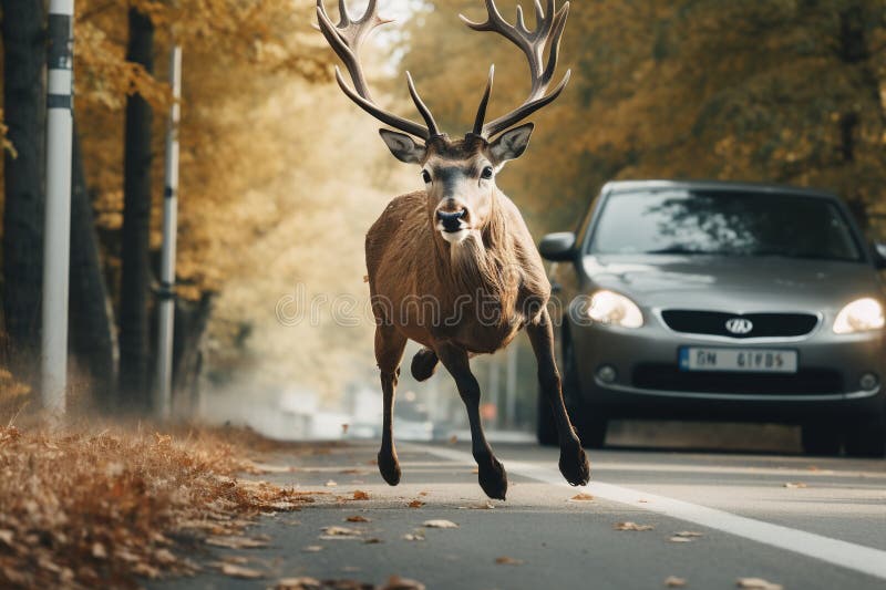 Deer Running in Front of Moving Car. Generative AI Stock Photo - Image ...