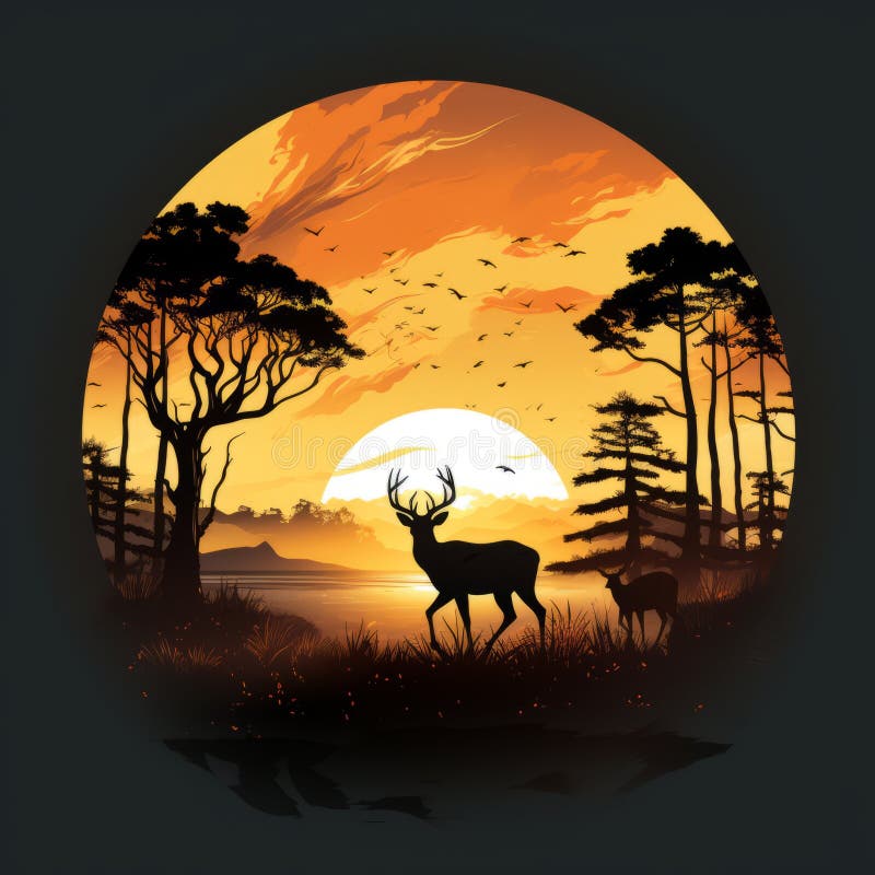A Deer is Silhouetted in Front of a Sunset with Trees in the Background ...
