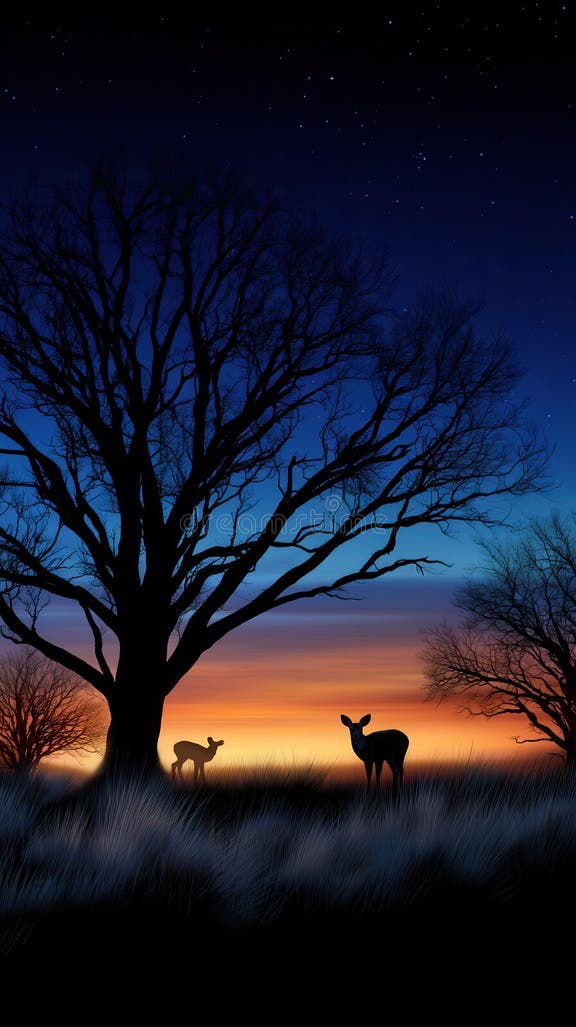Deer Silhouettes in Field at Twilight with Dramatic Sky and Trees Stock ...