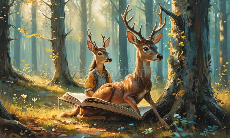 Deer and Sitting on Book in the Woods Stock Illustration - Illustration ...