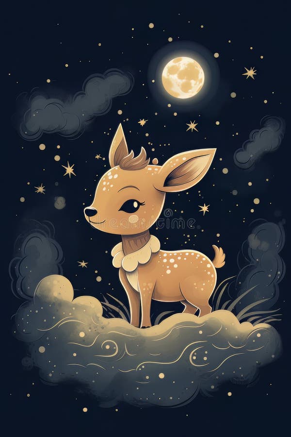 Deer Sleeping on a Cloud on a Starry Night Stock Image - Image of ...
