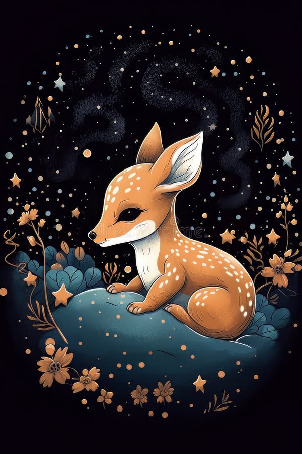 Deer Sleeping on a Cloud on a Starry Night Stock Photo - Image of ...