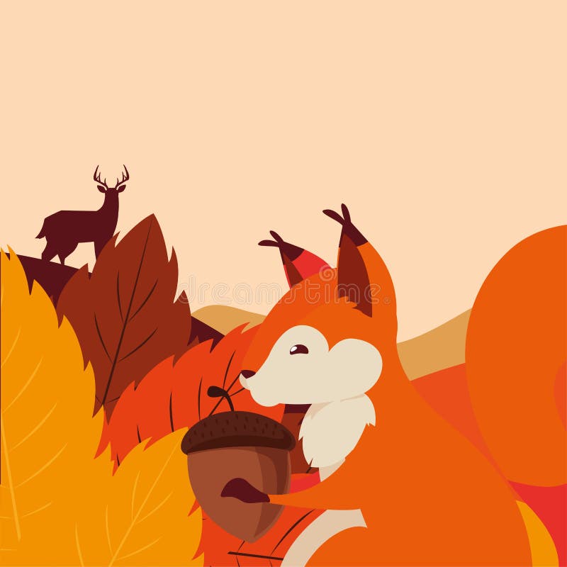 Deer Squirrel Acorn Happy Autumn Season Flat Design Stock Illustration