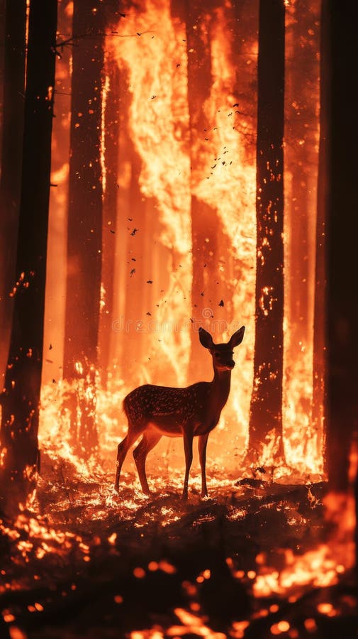 Deer Standing Amidst Forest Fire, Intense Flames and Smoke. Survival ...