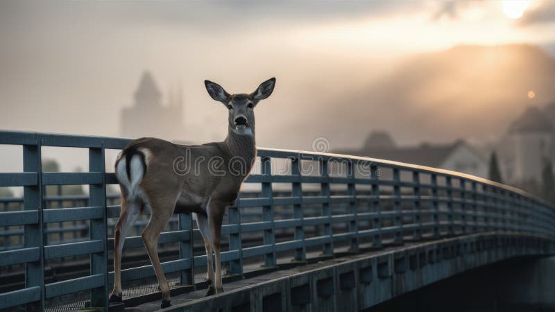 A Deer Standing on a Bridge with the Sun Setting in Front of it, AI ...