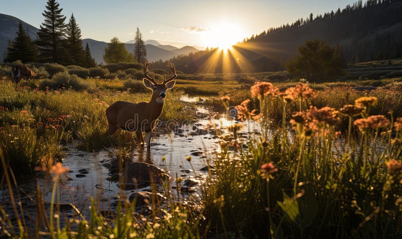 Deer Standing in Field by River Stock Image - Image of water ...