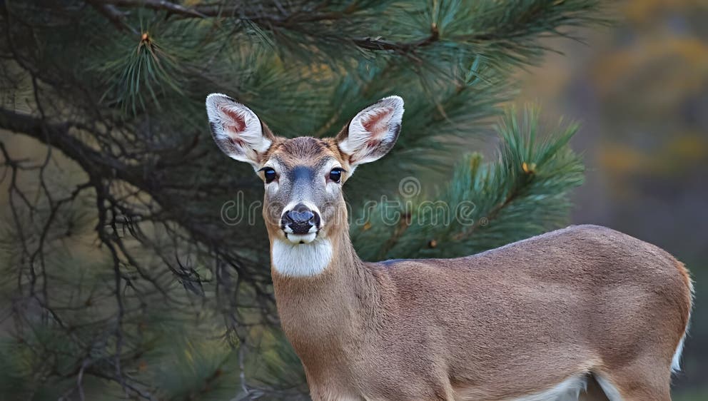 Deer Standing in Forest, Alert Eyes, Pine Trees in the Blurred ...