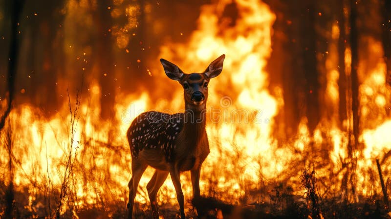 Deer Standing in Forest Fire with Intense Flames and Embers, Wildlife ...