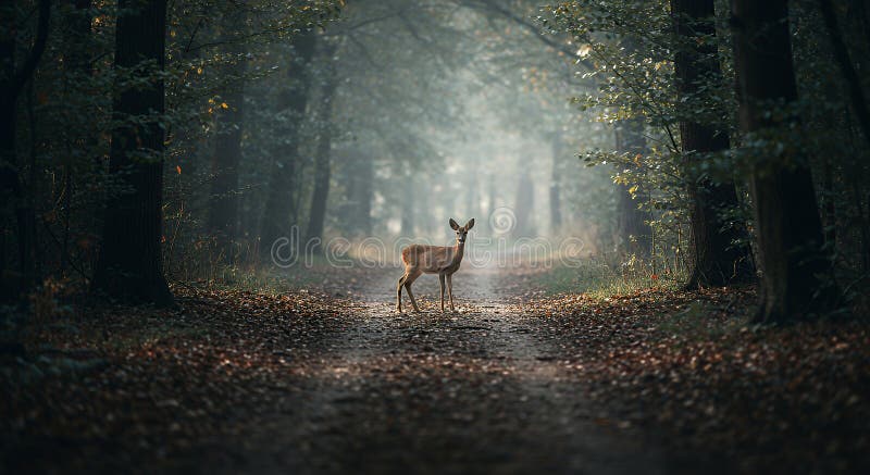 Deer Standing Forest Path Misty Woodland Environment Stock Photos ...