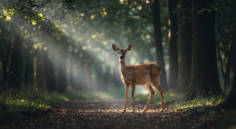 Deer Standing on Forest Path with Sun Rays Streaming through Trees ...