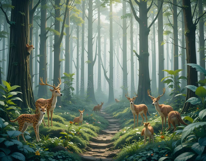 Deer Standing Forest Path Surrounded Green Trees Foliage Stock Photos ...