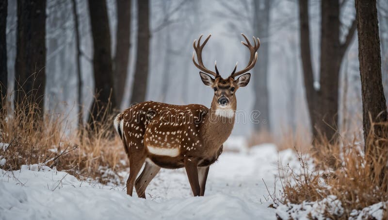 Deer Standing on a Forest Path in Winter Close-up Stock Illustration ...