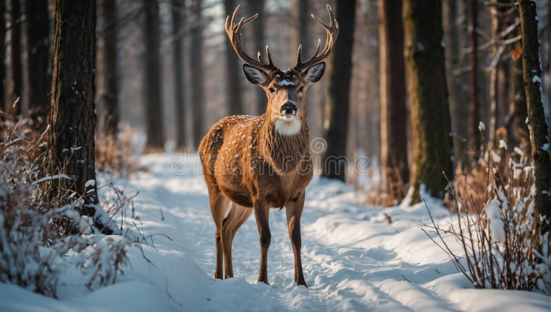 Deer Standing on a Forest Path in Winter Close-up Stock Illustration ...