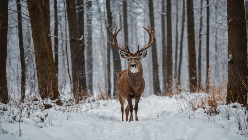 Deer Standing on a Forest Path in Winter Close-up Stock Illustration ...