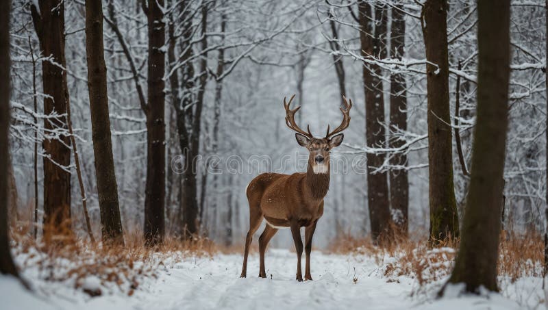 Deer Standing on a Forest Path in Winter Close-up Stock Illustration ...