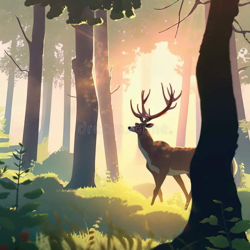 A Deer Standing in a Forest with Trees and Grass in the Background ...
