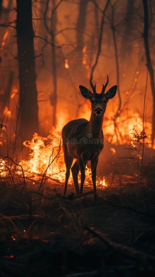 Deer Standing in Front of a Fire in the Woods Stock Photo - Image of ...
