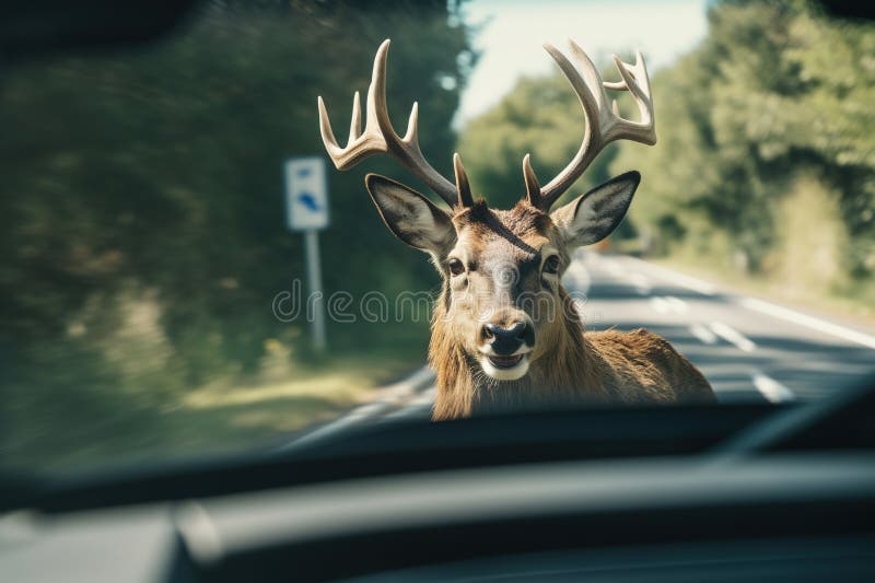Deer Running in Front of Moving Car. Generative AI Stock Image - Image ...