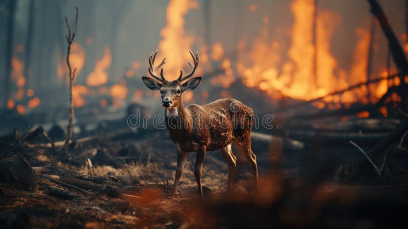 A Deer Standing in Front of a Raging Forest Fire. Suitable for ...