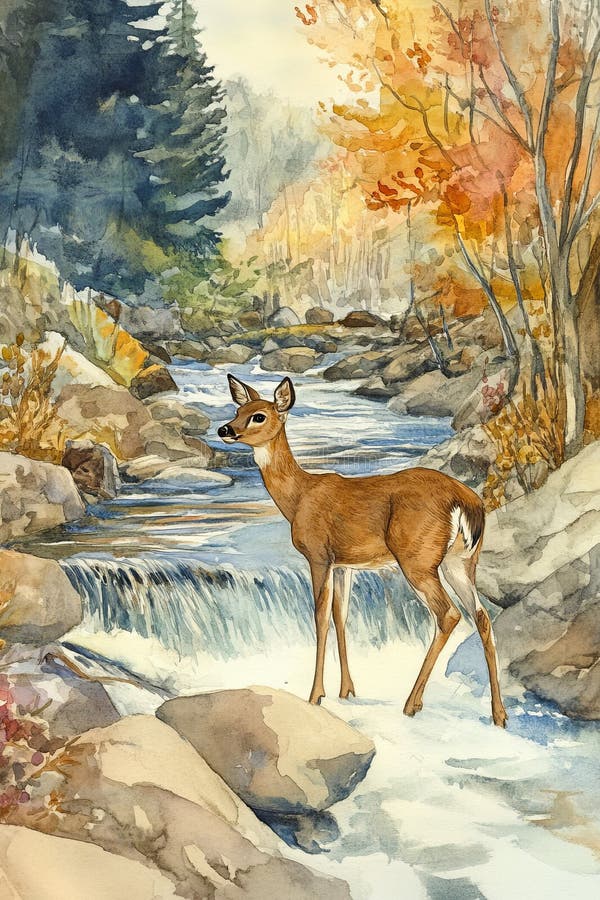 A Deer is Standing in Front of a Waterfall Stock Illustration ...