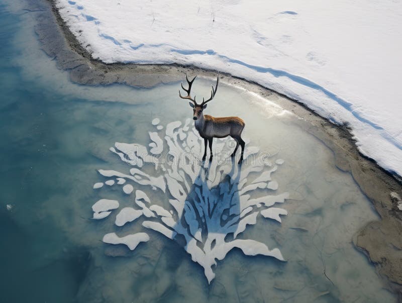 A Deer Standing in a Frozen Lake Stock Illustration - Illustration of ...