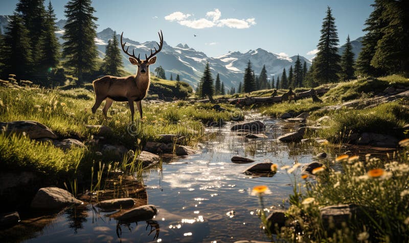 Deer Standing in Grass Near Stream Stock Image - Image of browsing ...